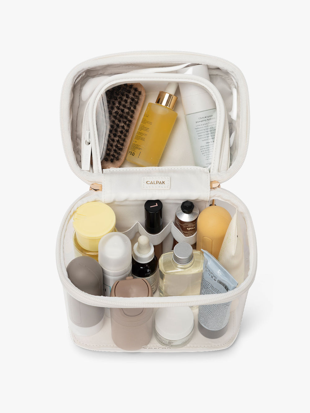 Clear Train Case with Top Compartment in White | CALPAK