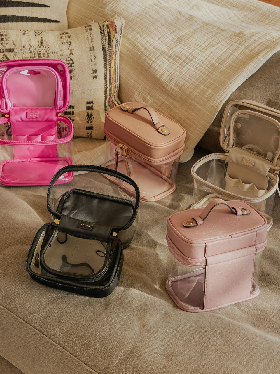 Clear Train Case with Top Compartment in Caramel | CALPAK