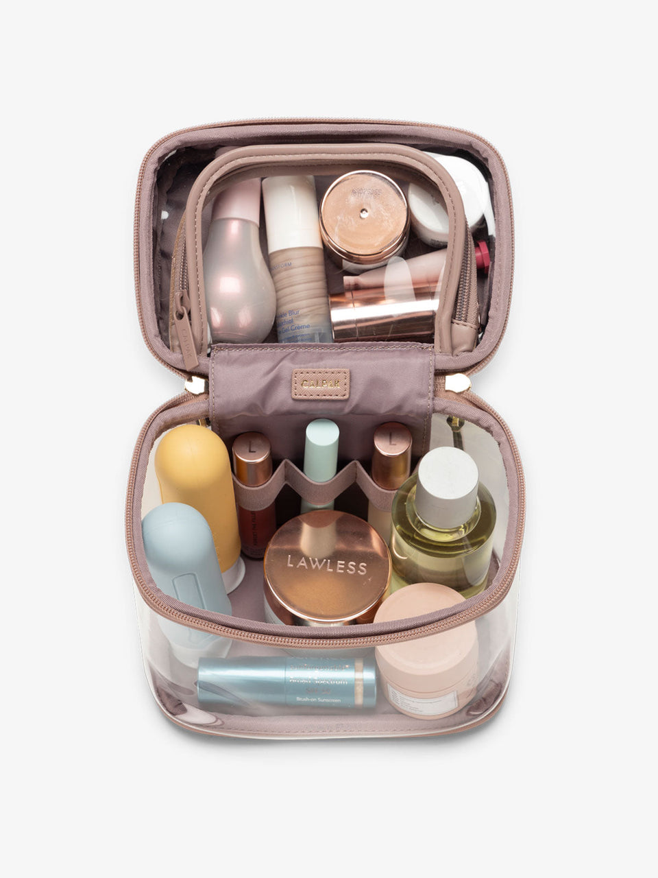Clear Train Case with Top Compartment in Mauve | CALPAK