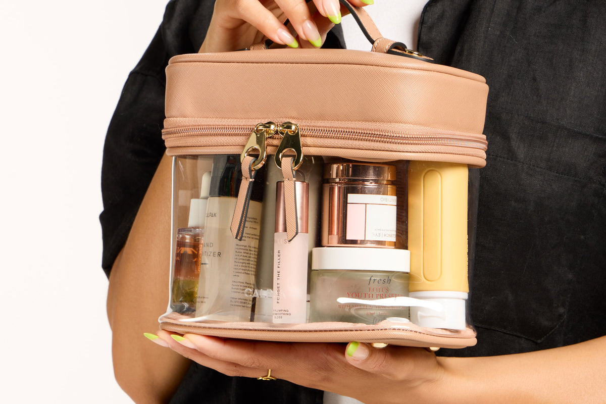 Clear Train Case with Top Compartment in Stone | CALPAK